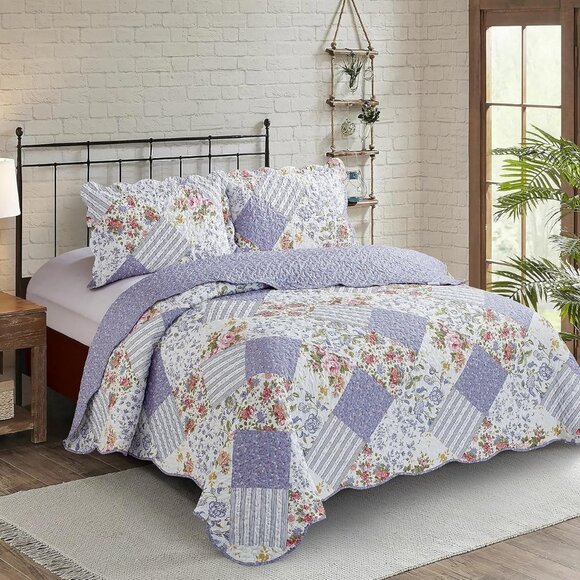 Other | Rose Violet Patchwork 3piece Quilt Set With 2 Shams Reversible ...